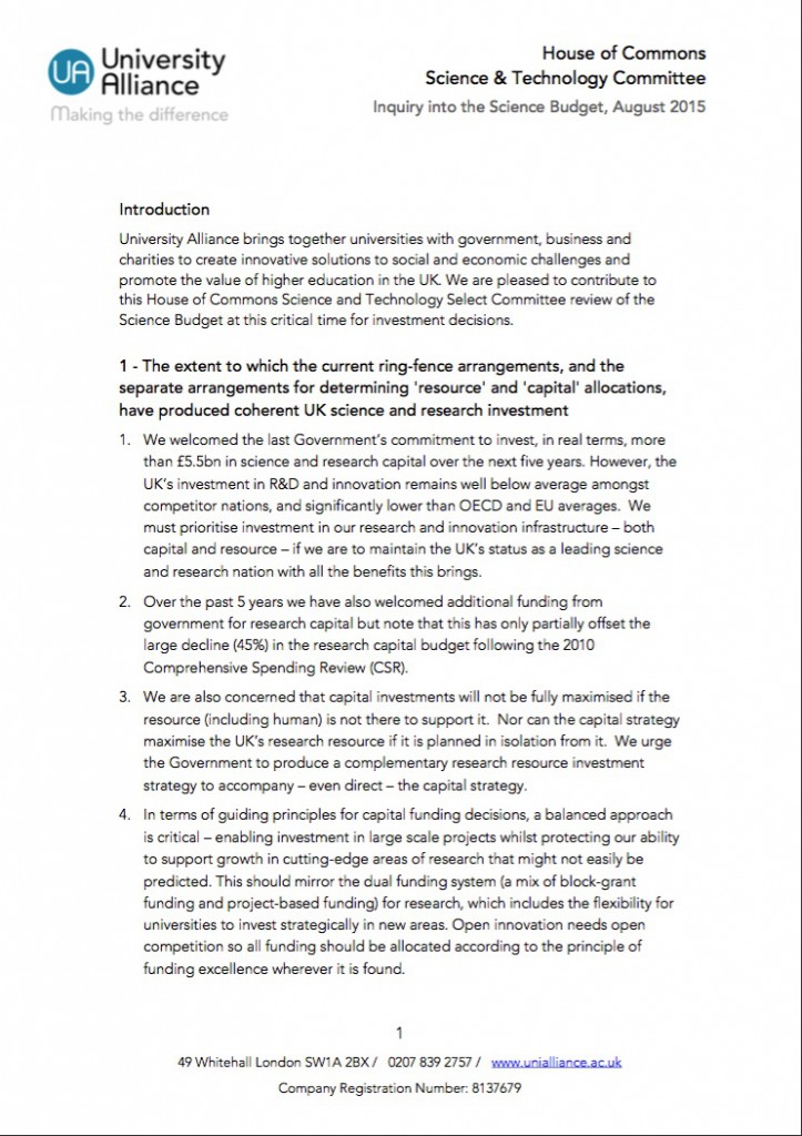 University Alliance submission to the Inquiry into the Science Budget ...