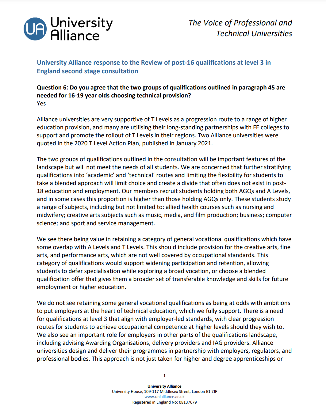 University Alliance Response To The Review Of Post 16 Qualifications At University Alliance Response To The Review Of Post 16 Qualifications At