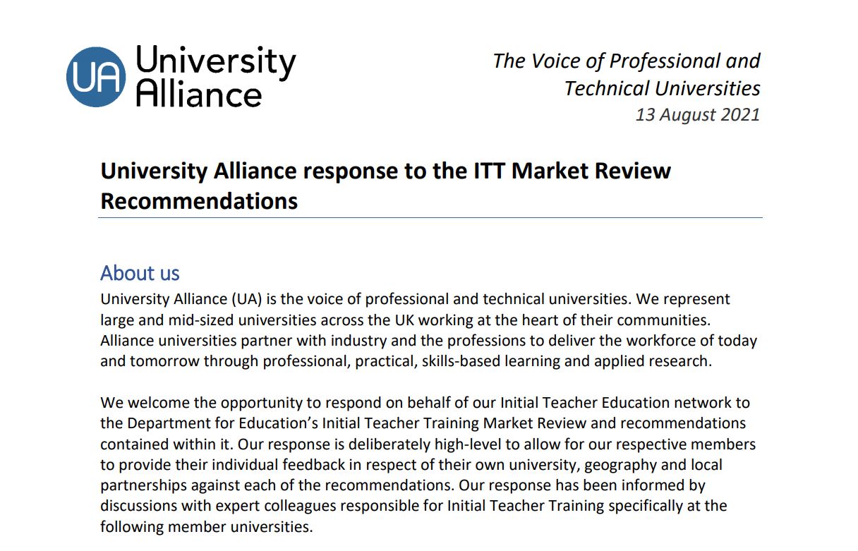 University Alliance responds to DfE’s Initial Teacher Training Market ...
