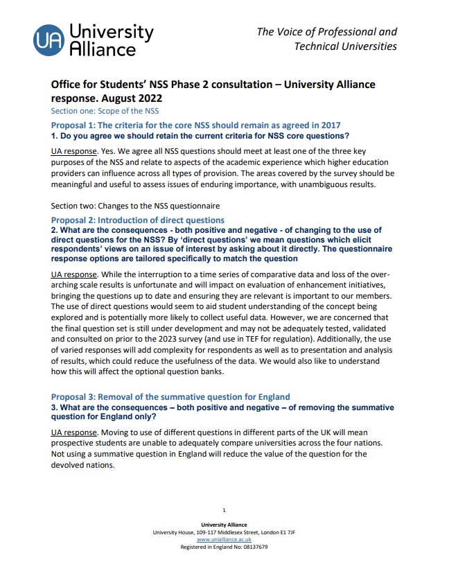 University Alliance responds to the Office for Students’ NSS Phase 2 ...